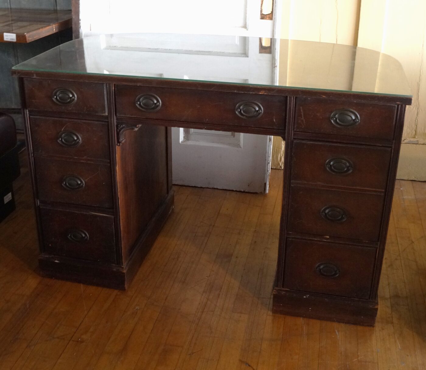 Half Moon 9 Drawer Desk w Glass and Leather Top – Salvage One