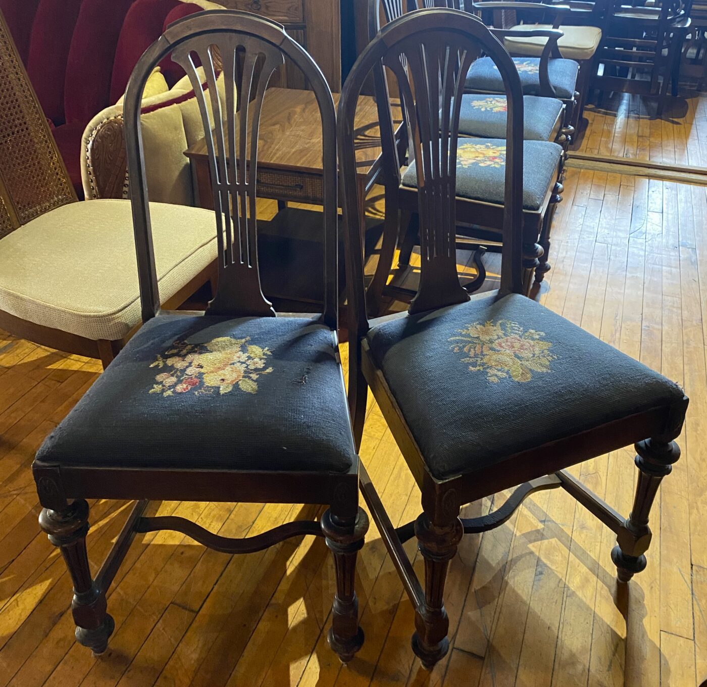 Dark Wood Dining Chair w Blue and Floral Embroidered Seat – Salvage One